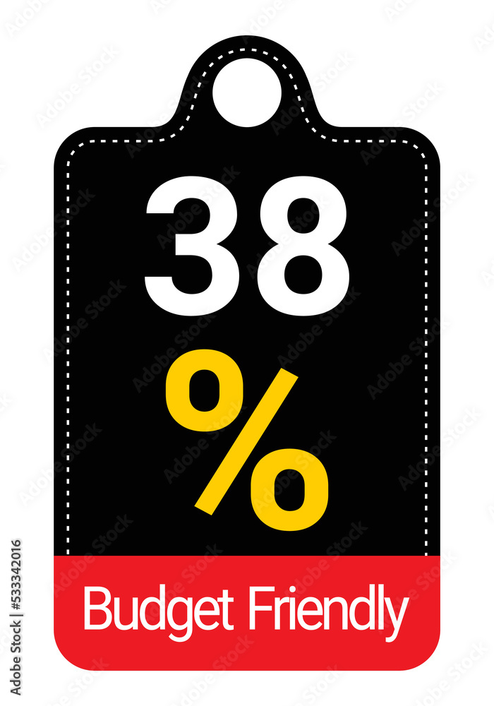 38% Budget Friendly sign tag, label vector art Black Background white ...