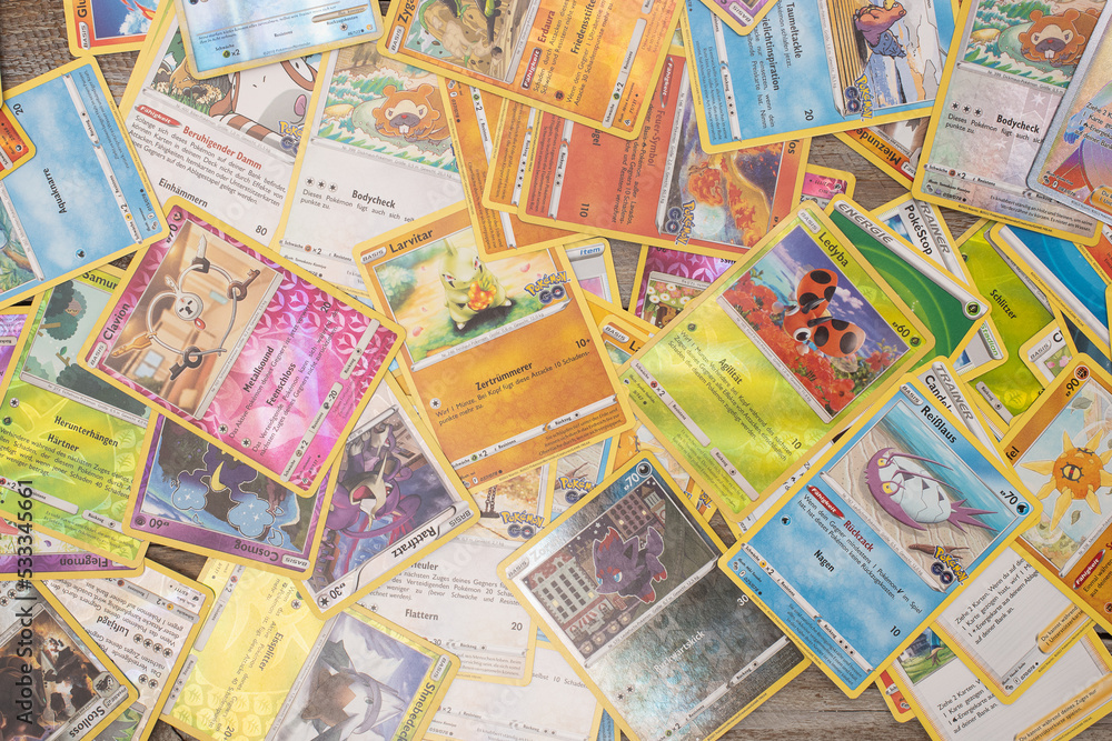 Pokemon trading cards, group of cards as background Stock Photo | Adobe ...