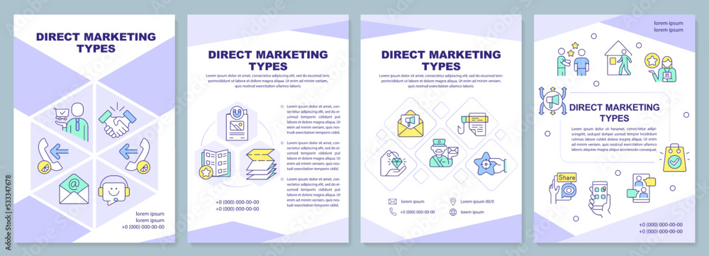 Direct marketing types purple brochure template. Advertisement. Leaflet ...