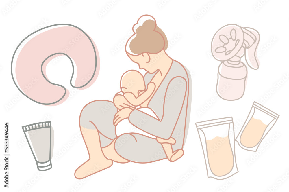 Breastfeeding illustration collection, mother feeding a baby with ...