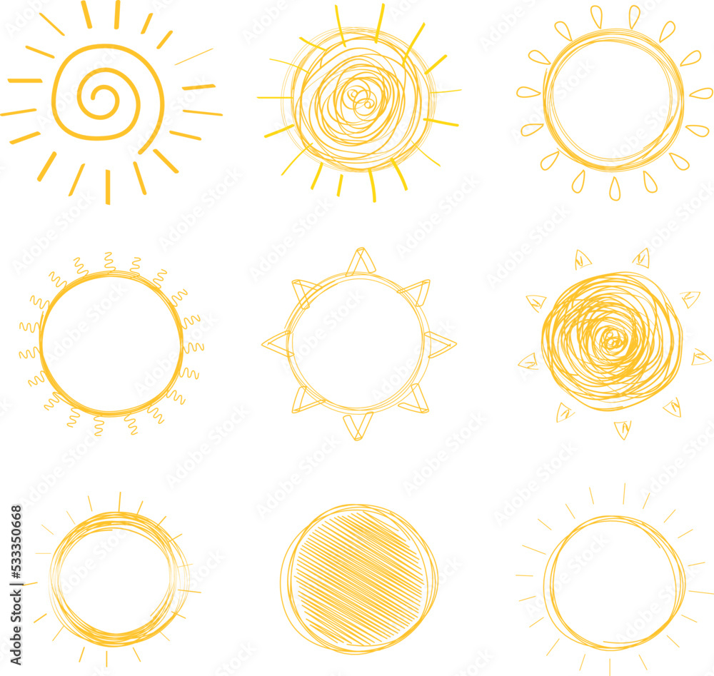 Sun hand drawn icon set isolated on white background. Collection of ...