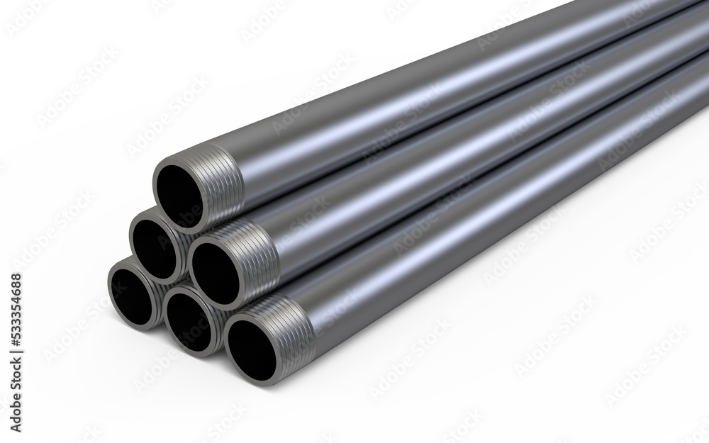 Metal Pipes. Stack of steel pipes isolated. Metal Thread Pipe 3D ...