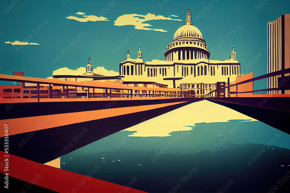 cartoon style, A view of St Paul's from the milenium bridge , style U1 ...
