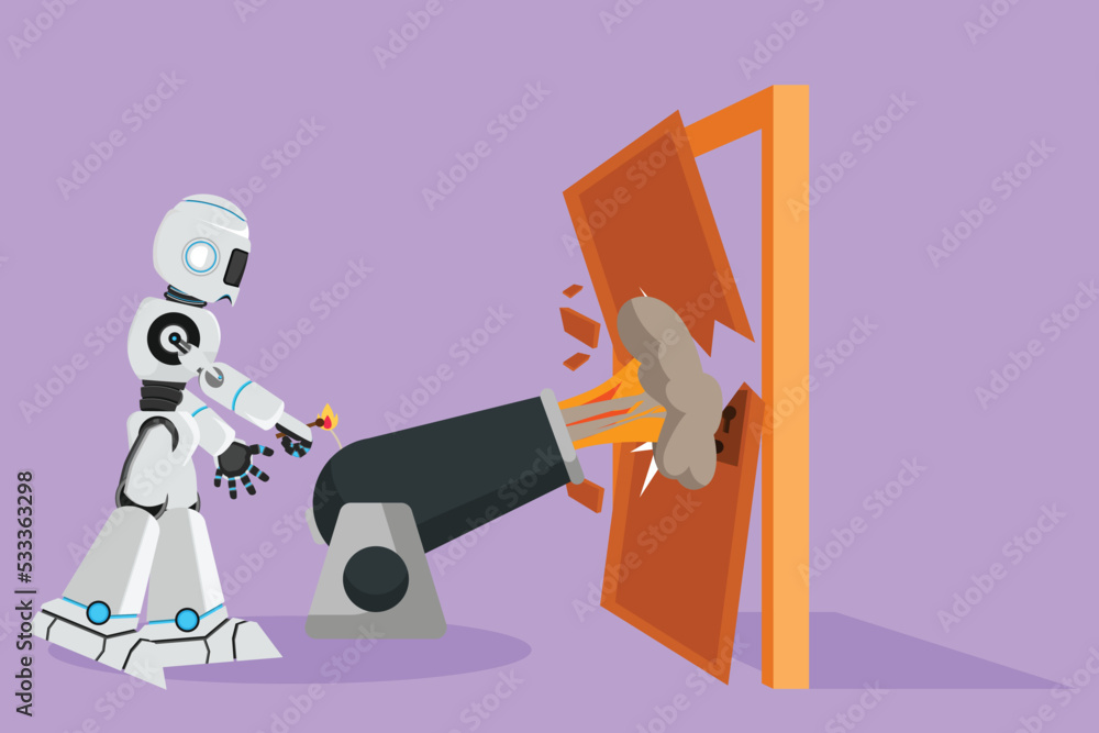 Graphic flat design drawing robot ignites cannon in front of door ...