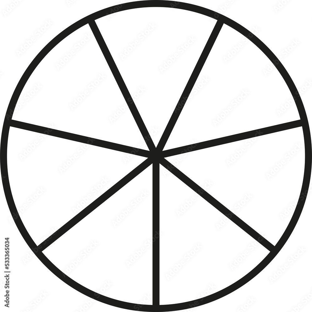 Pie chart, diagram. Black outlined circle divided in seven parts, into ... Pie chart, diagram. Black outlined circle divided in seven parts, into ...