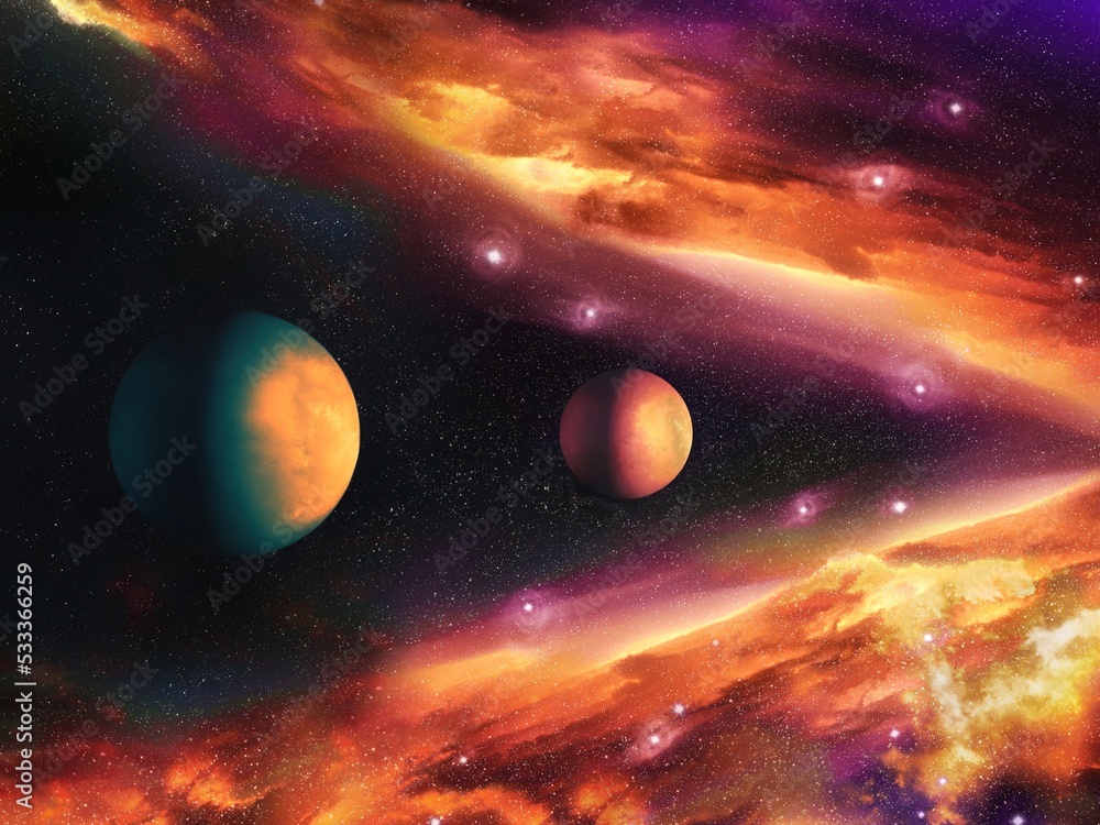 Earth-like planets in outer space. Colorful cosmos with nebula and ...