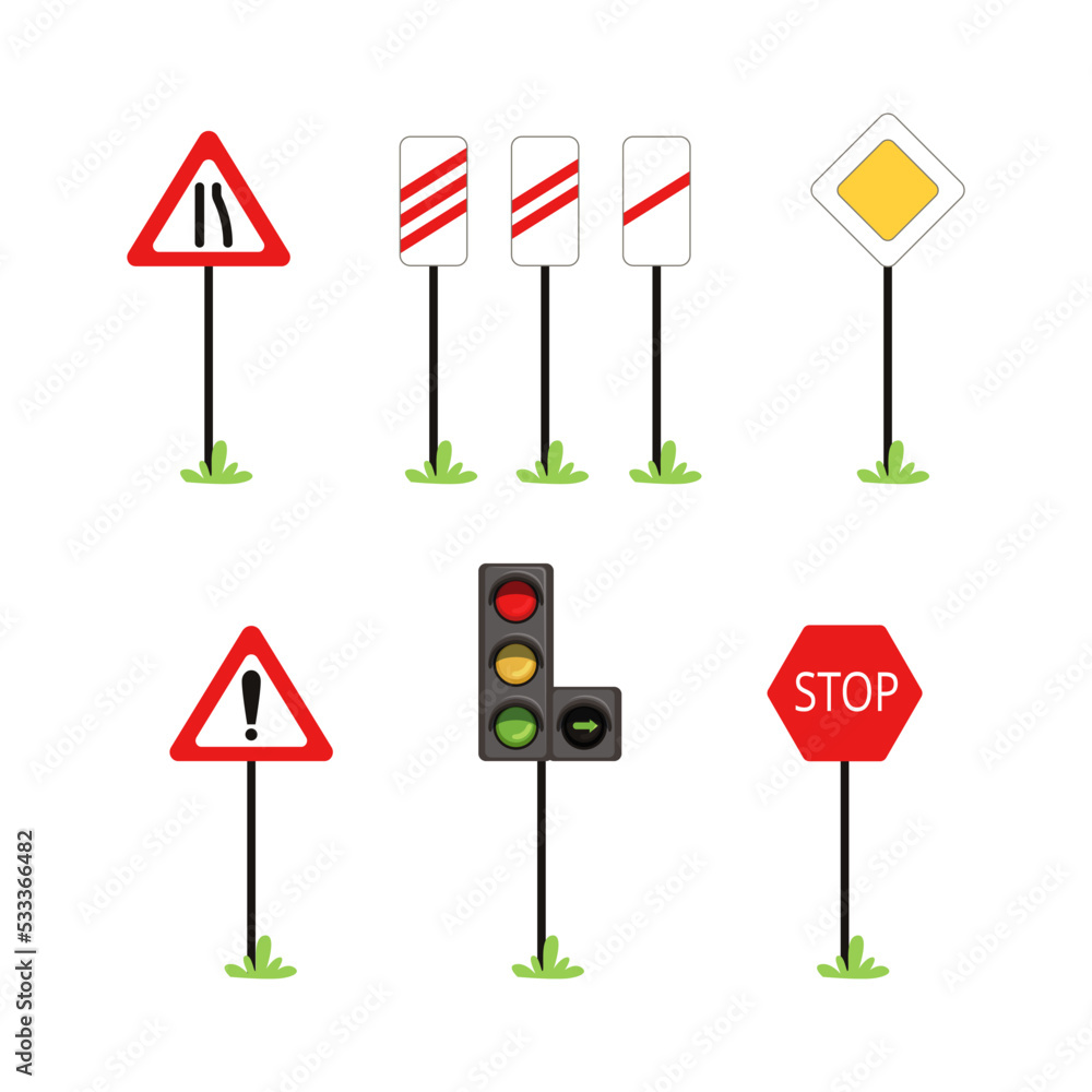 Set of road signs. Traffic light and signs on metal posts cartoon ...
