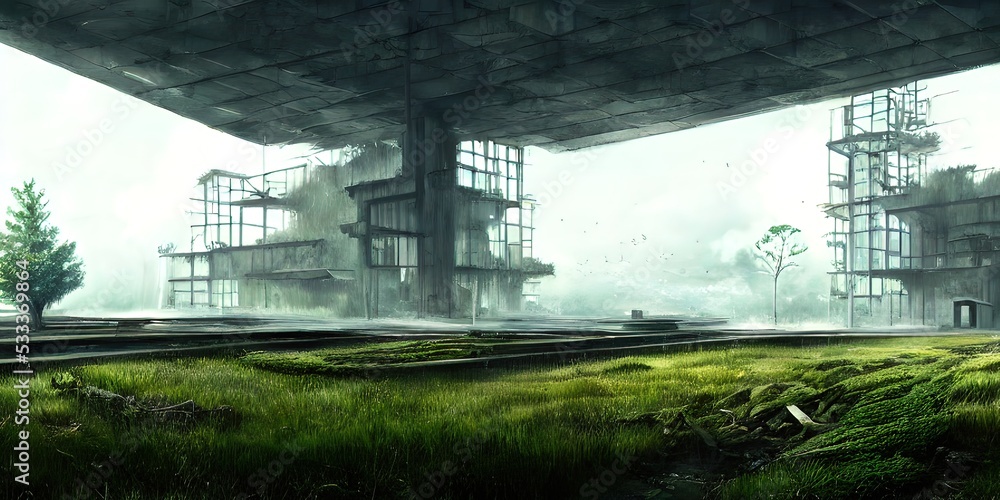 Architecture of the future, a ruined city overgrown with greenery ...
