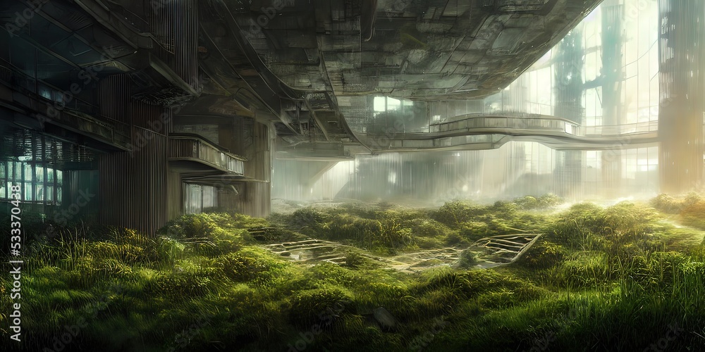 Architecture of the future, a ruined city overgrown with greenery ...
