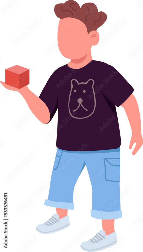 Boy with cube toy semi flat color raster character. Standing figure ...