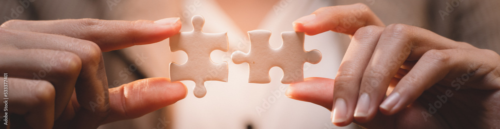 Banner background of business hands connecting jigsaw puzzle, success ...