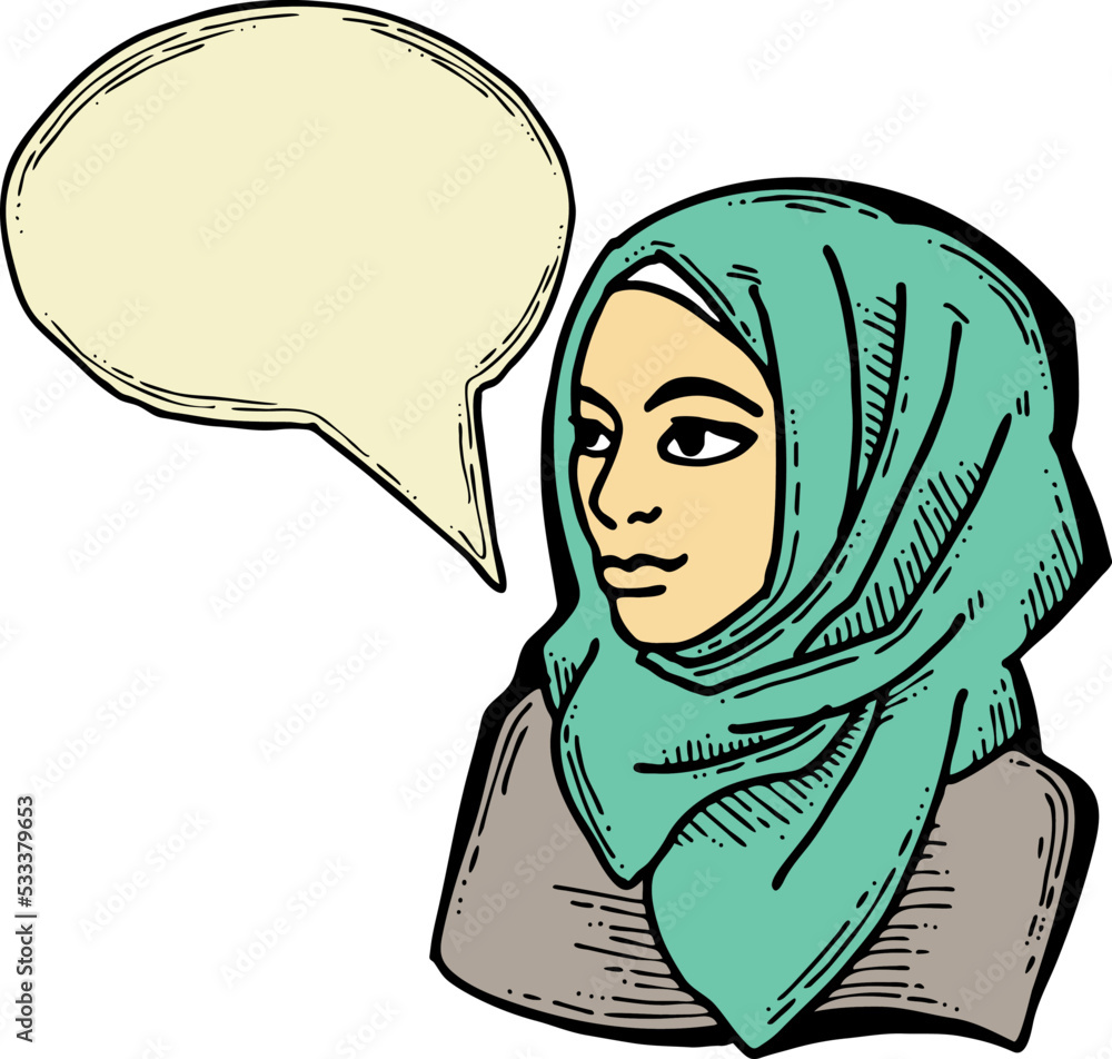 Vecteur Stock Young Arab woman with beautiful face tell message. Wear ...