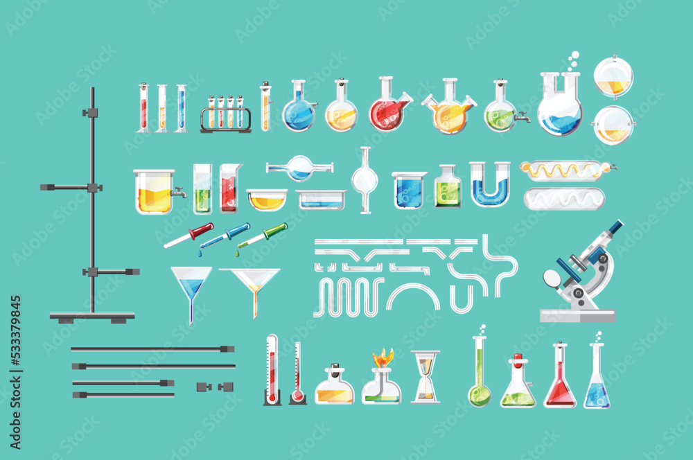Chemical laboratory equipment isolated set. Various glass flask, beaker ...