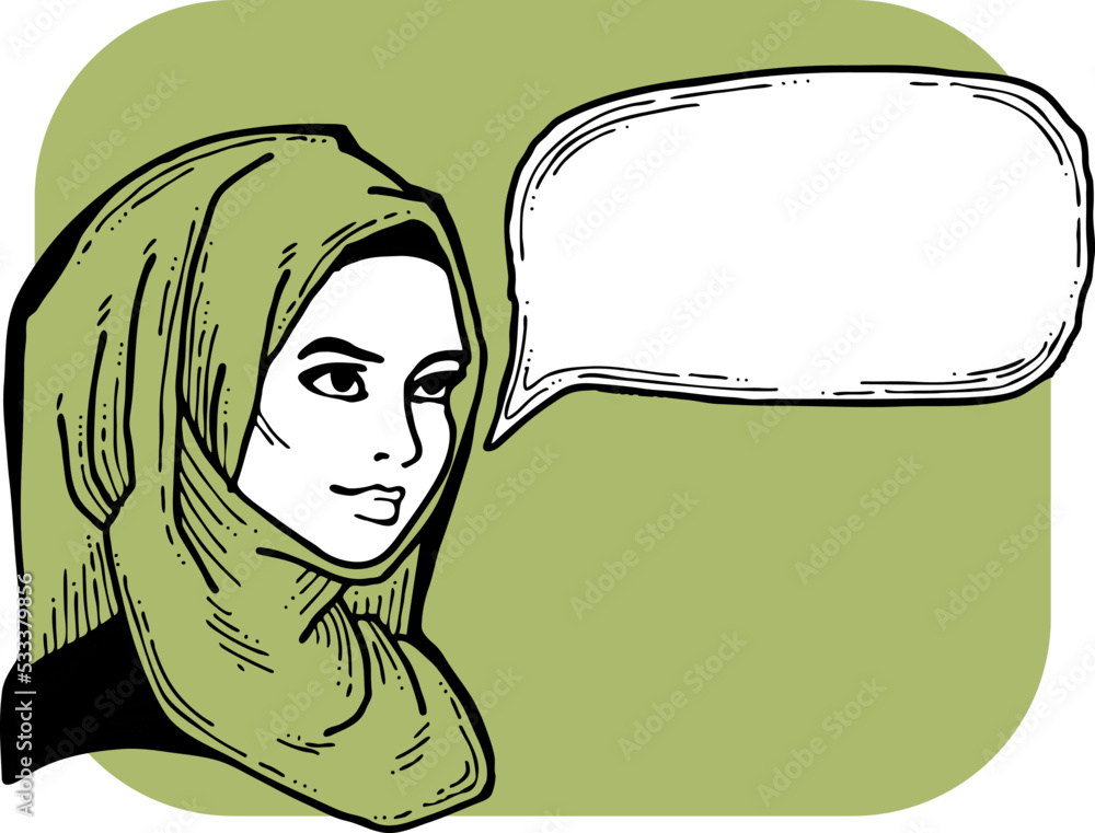 Vecteur Stock Young Arab woman with beautiful face tell message. Wear ...