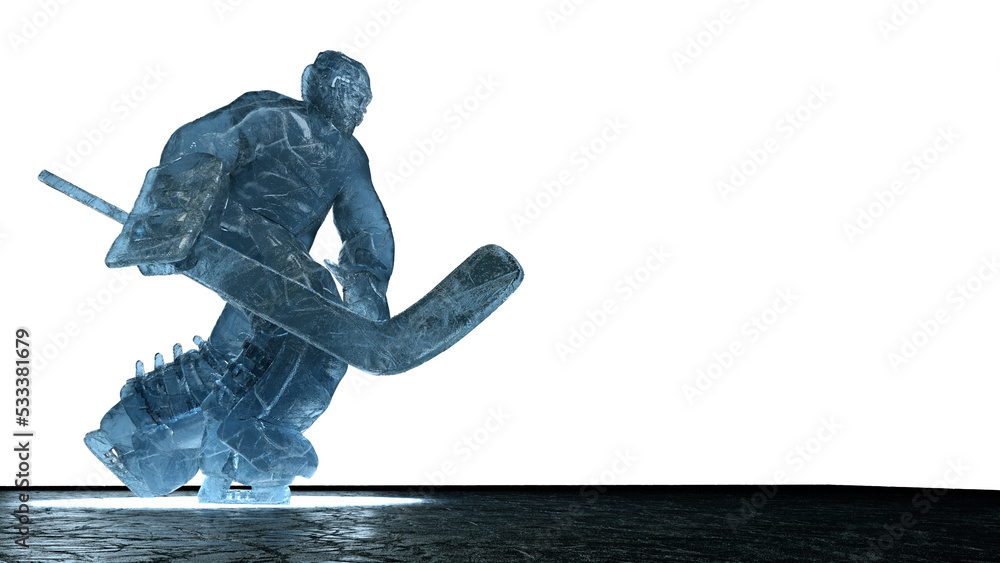 translucent ise sculpture of ice hockey goalie in dinamic pose with ...
