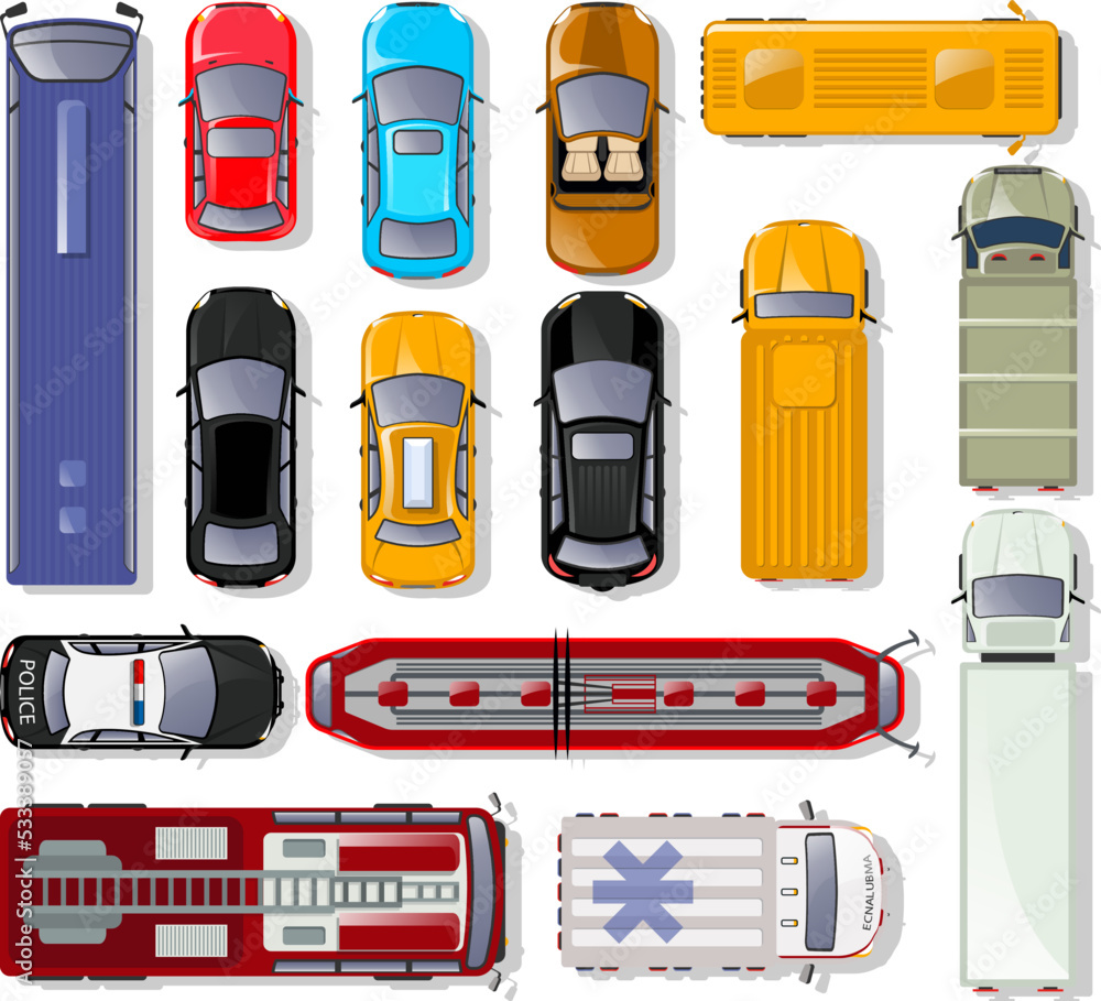 Cars and trucks top view isolated set. Commercial container truck, taxi ...