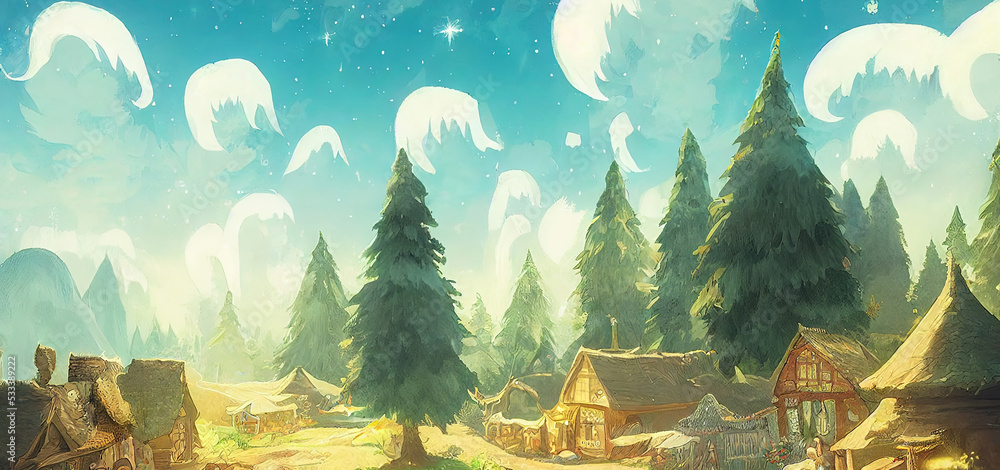 Fairy Tale Villages in the Forest. Farm Houses Trees. Fantasy Backdrop ...