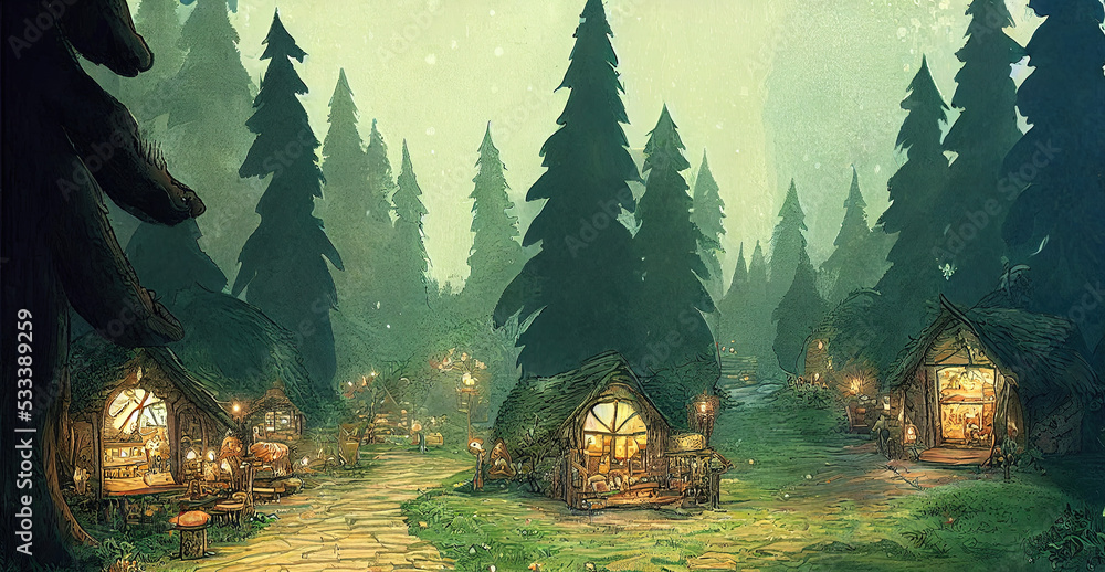 Fairy Tale Villages in the Forest. Farm Houses Trees. Fantasy Backdrop ...