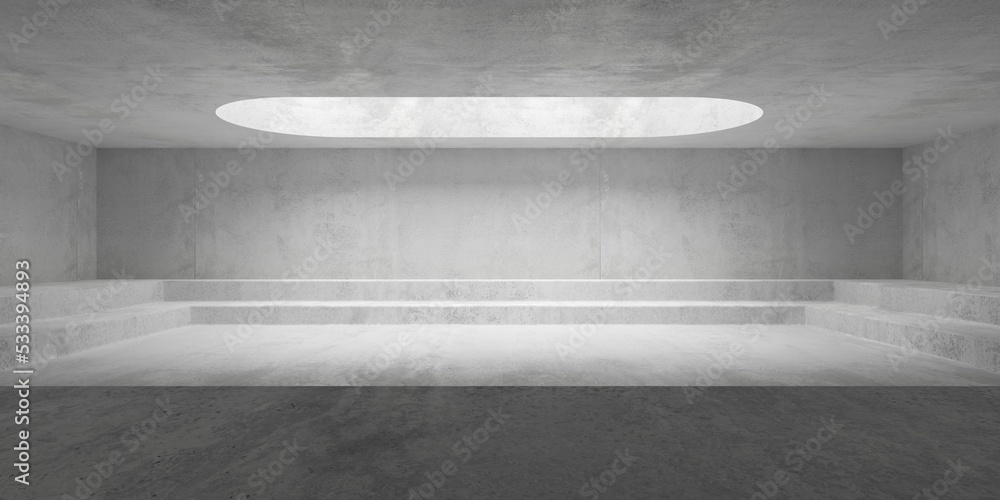 Abstract large, empty, modern concrete room, with oval ceiling opening ...