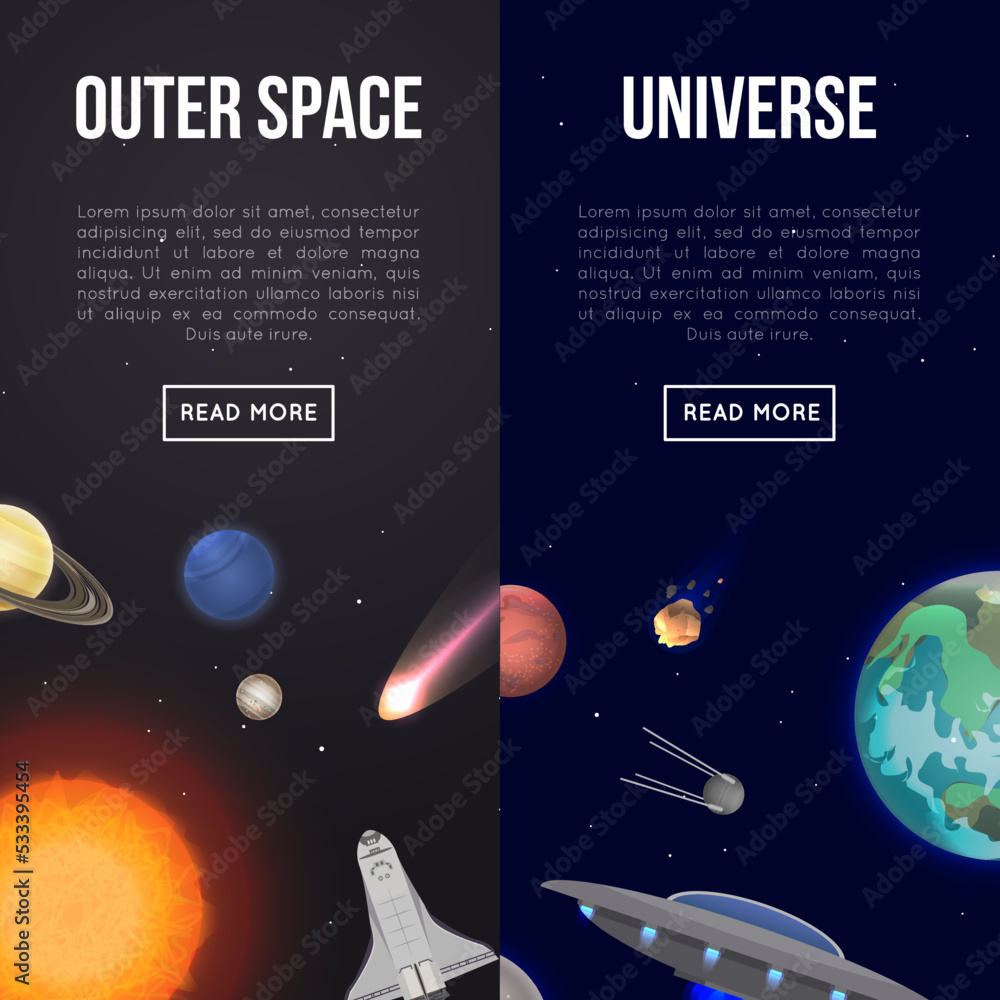 Outer space flyers with cosmic elements. Astronomical scientific space ...
