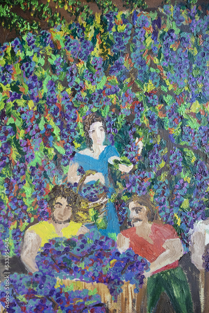 Traditional labour woman and two men collecting grape. Fine art ...