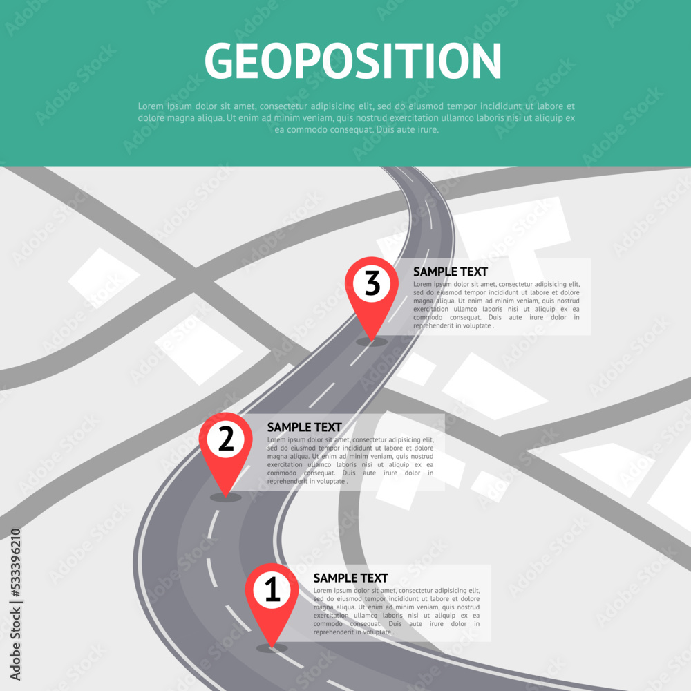 Geoposition concept with pin pointers on asphalt highway. Cartography ...