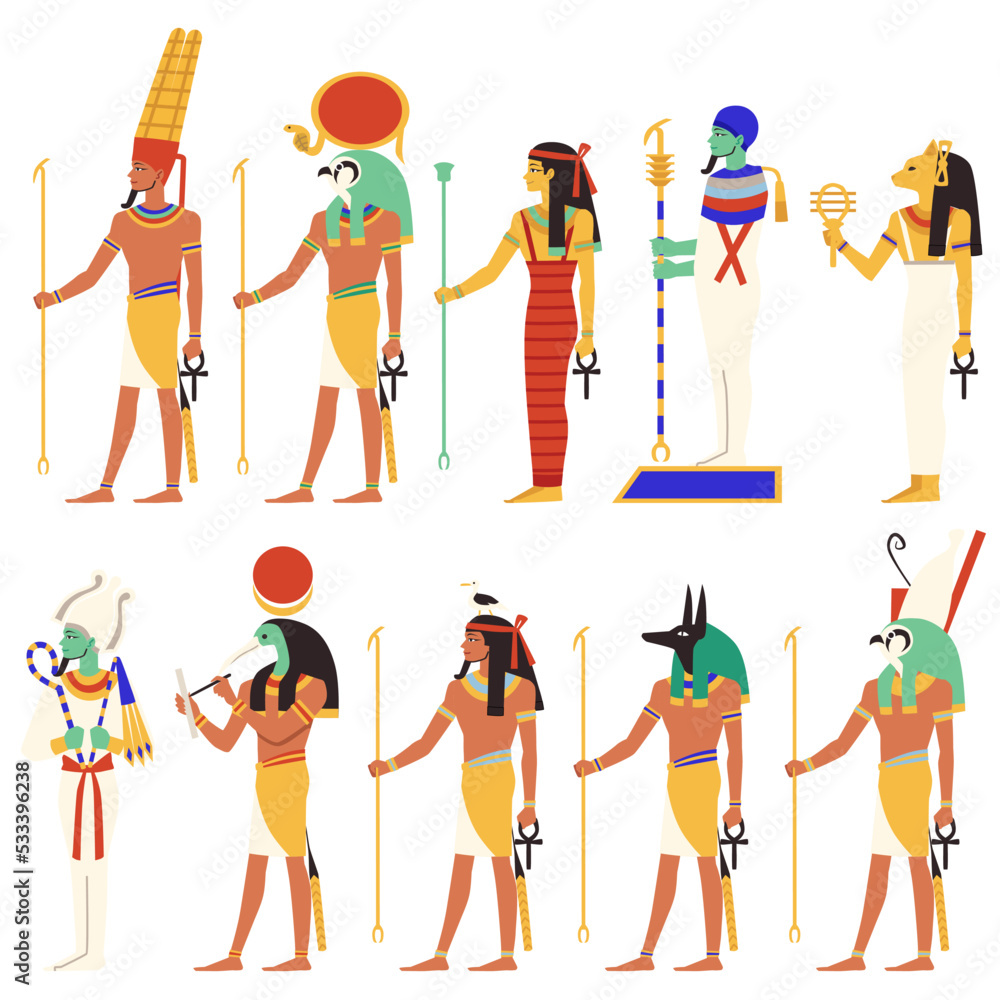Egyptian gods and goddesses set, flat vector illustration isolated on ...