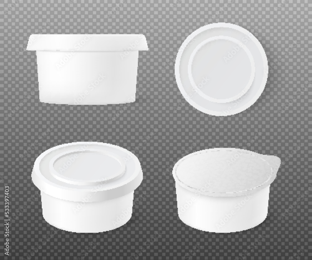 Plastic food container from top, front and perspective view, 3d vector ...
