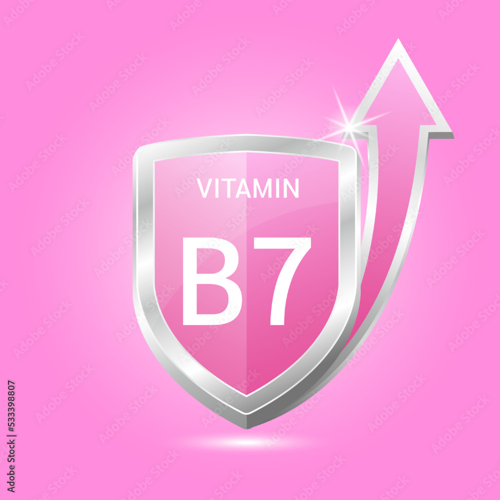 Vitamin B7 shield with pink atom, an up arrow. Vector illustration 3D ...