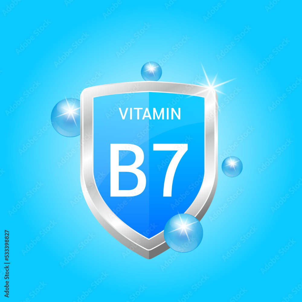 Icon Vitamin B7 shield blue atom circle bubbles surround. Protect body ...