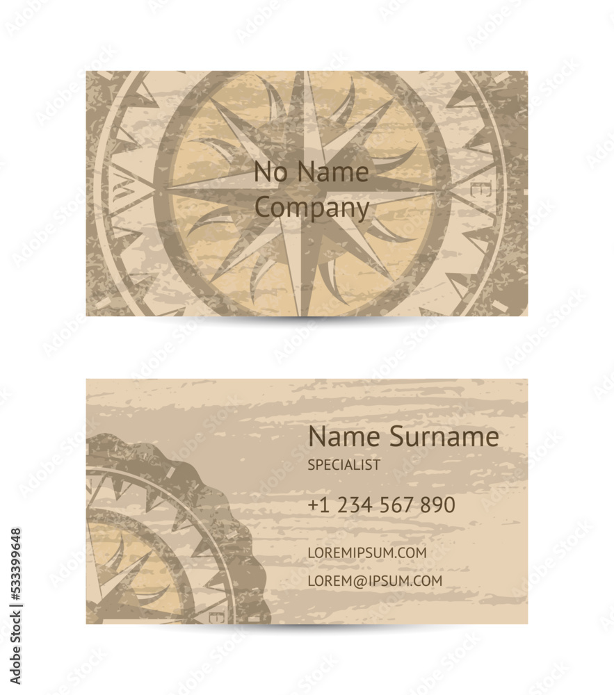 Travel agency business card layout with compass rose on grunge ...