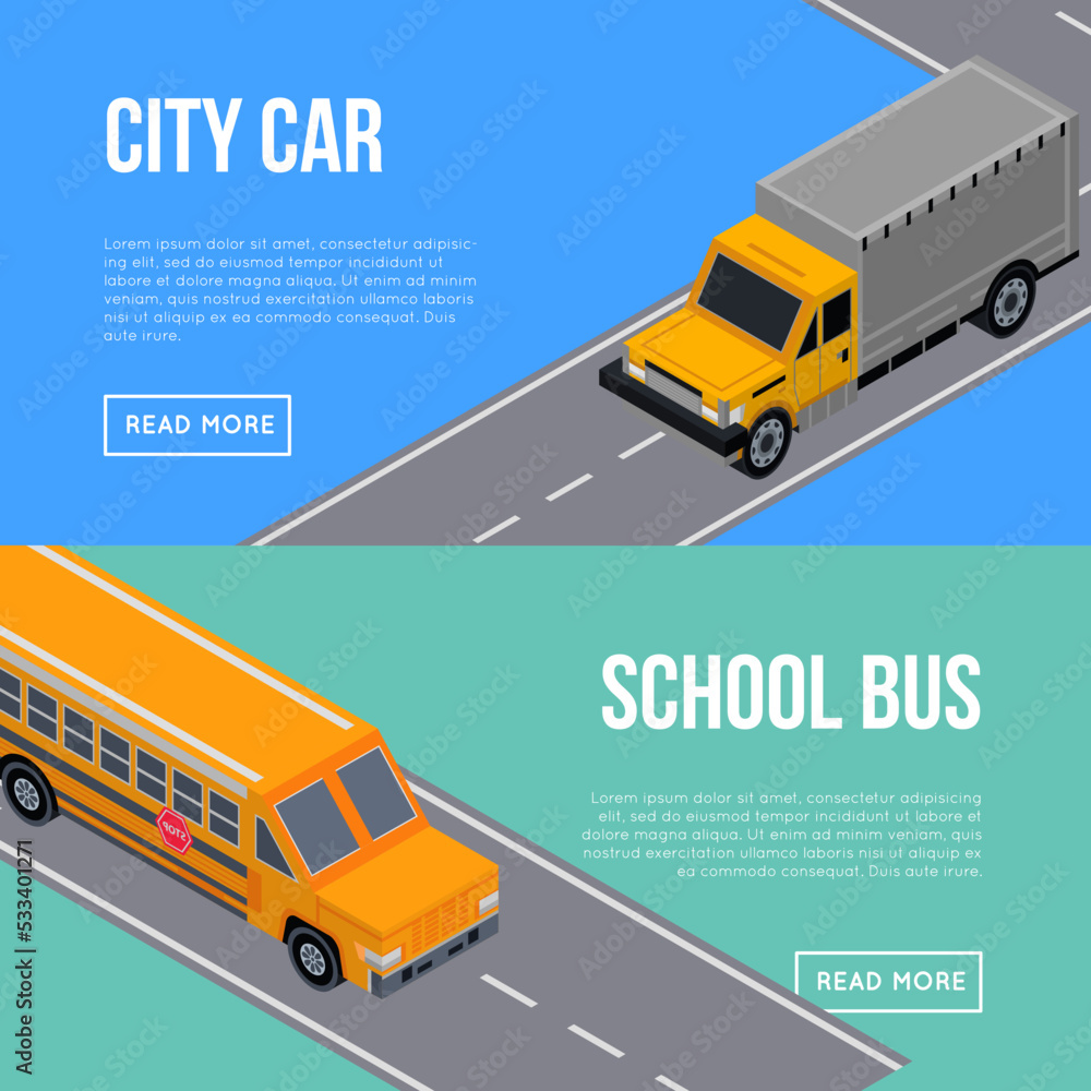City traffic flyers with school bus and truck in highway. Urban ...
