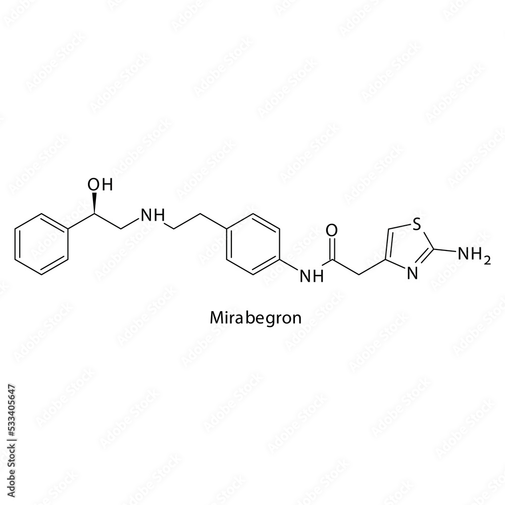 Mirabegron molecule flat skeletal structure, beta 3 agonist used in ...
