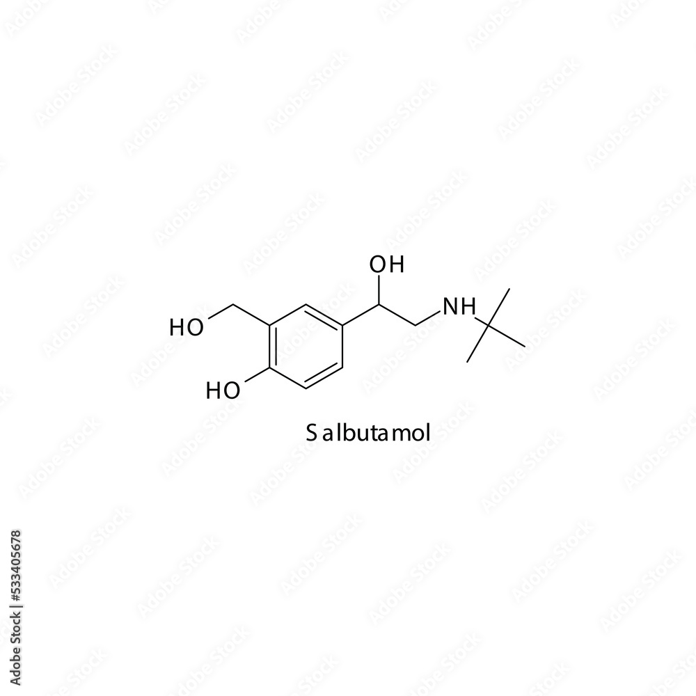 Salbutamol molecule flat skeletal structure, beta agonist used in ...