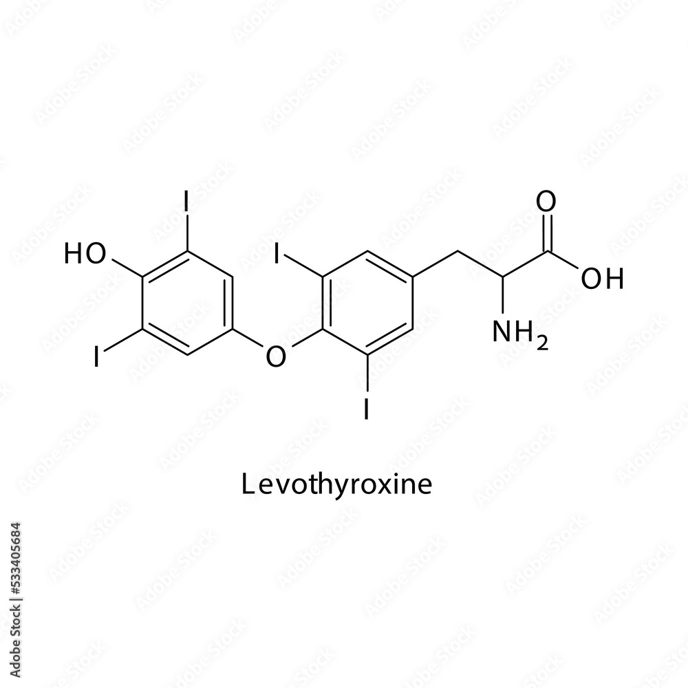 Levothyroxine molecule flat skeletal structure, Thyroid hormone used in ...