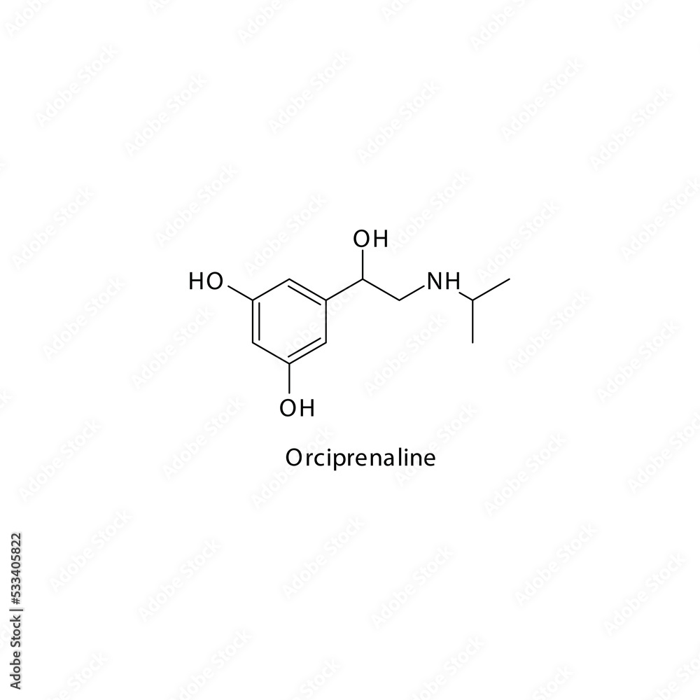 Orciprenaline molecule flat skeletal structure, beta agonist used in ...