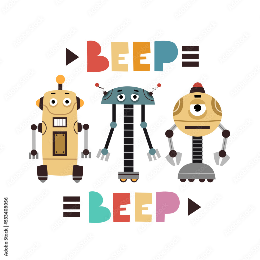 beep beep. Cartoon robots, hand drawing lettering, decor elements ...