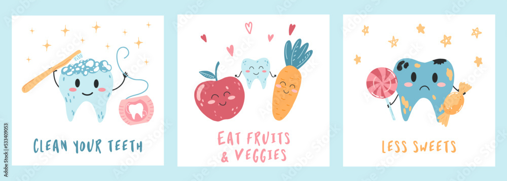Children posters with kawaii teeth characters in cartoon flat style ...