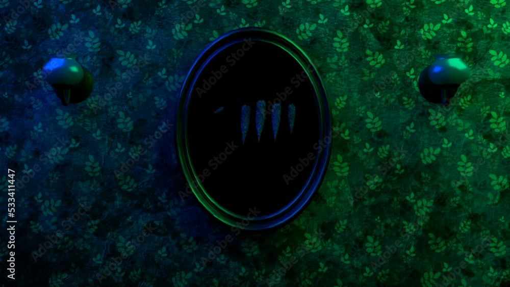 A creepy hand crawls out of a portrait on the wall 3D 4K animation. Old ...