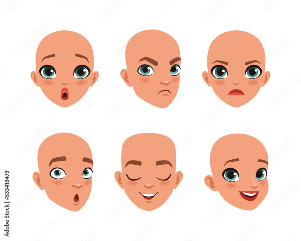 Face of cute boy and girl with different face expression set. Children ...