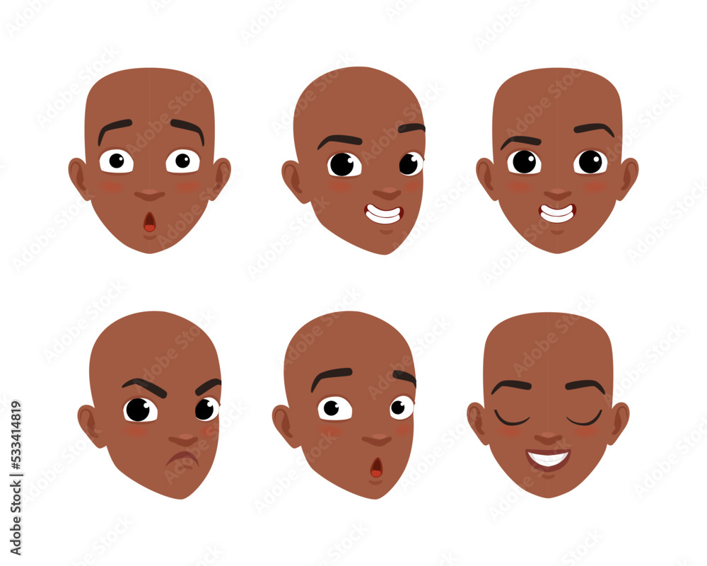 Face of African American boy with different emotions set. Cute child ...