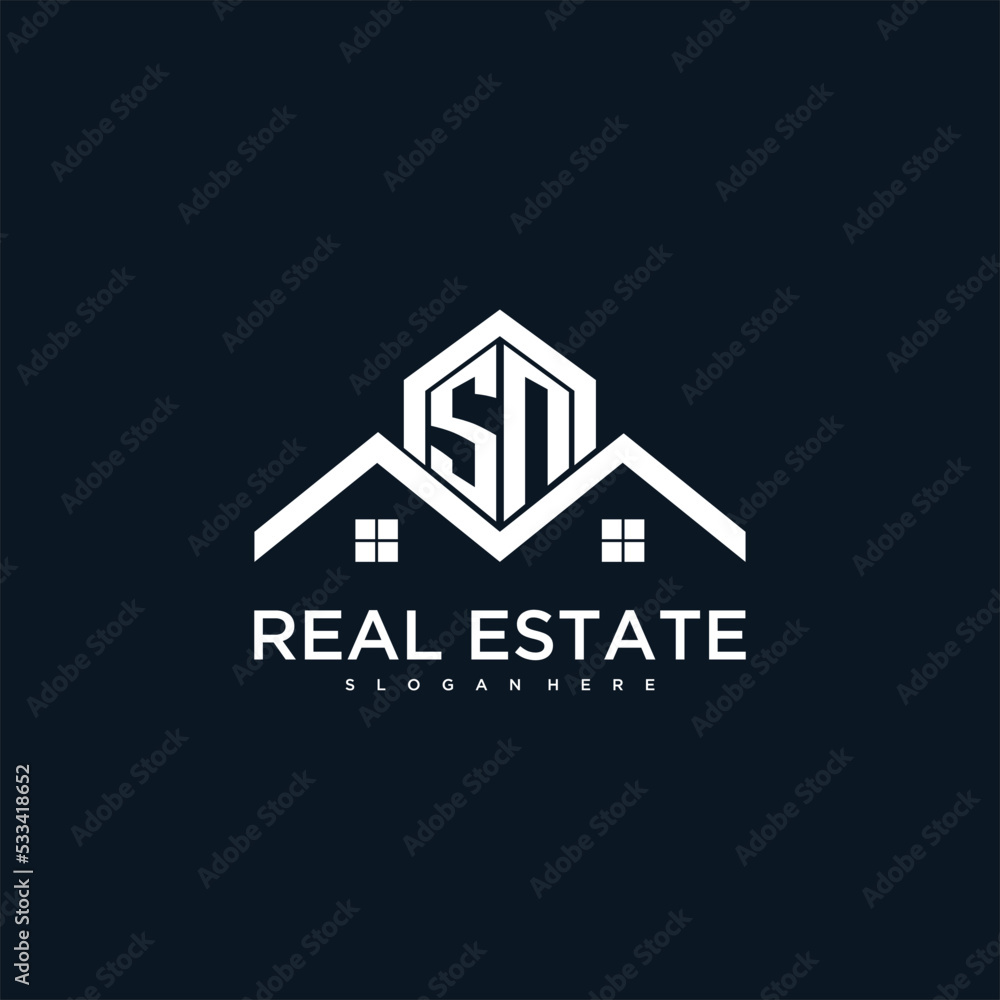 SN initial monogram logo for real estate with creative roof and home ...
