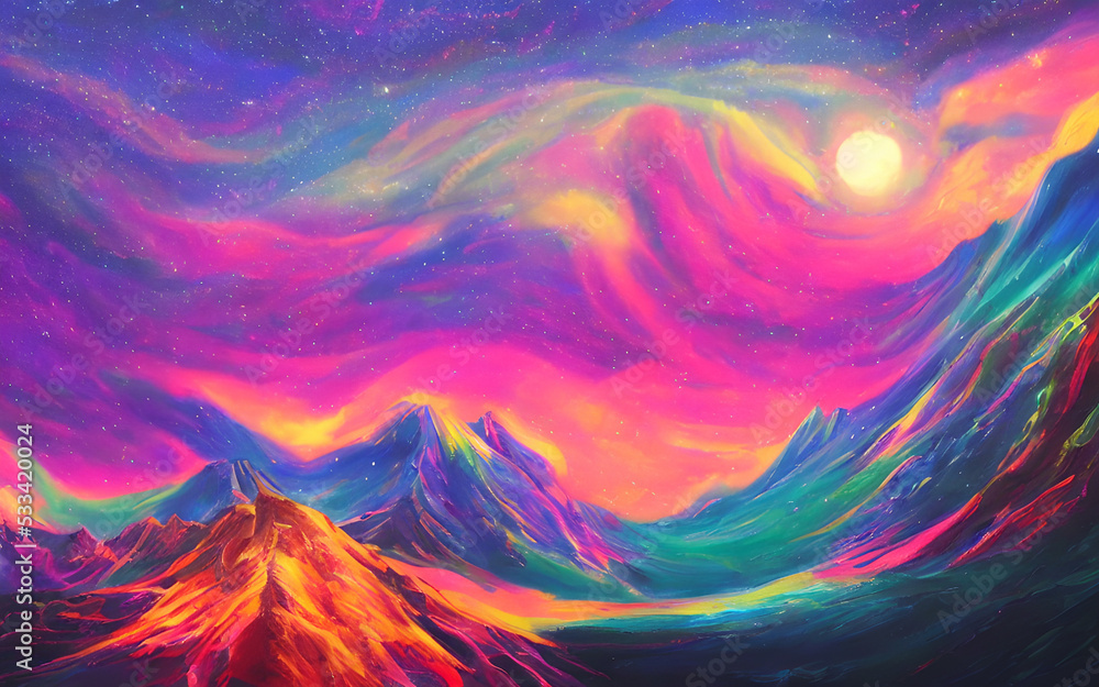 In the center of the frame is a bright, swirling sun. Around it are ...