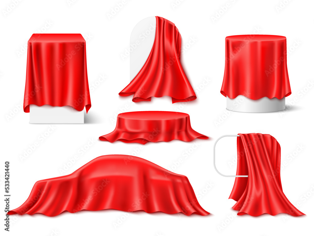 Red silk cloth covered objects. Realistic textile draperies, fabrics ...