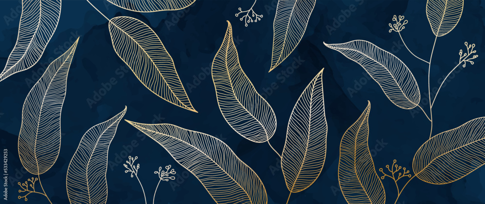 Golden leaf botanical modern art deco wallpaper navy blue background ...