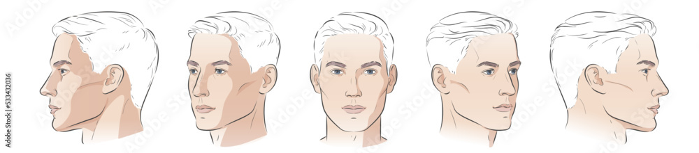 vector Set of man face portrait three different angles and turns of a ...