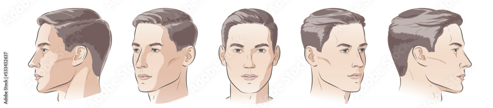 vector Set of man face portrait three different angles and turns of a ...