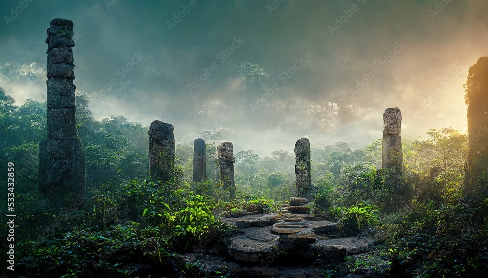 Stone pillars in green grass under the sky with gray clouds 3d ...