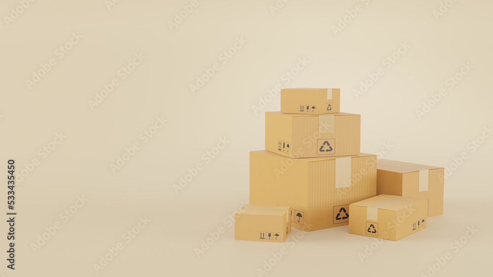 3D render of pile of stacked realistic cardboard brown delivery boxes ...