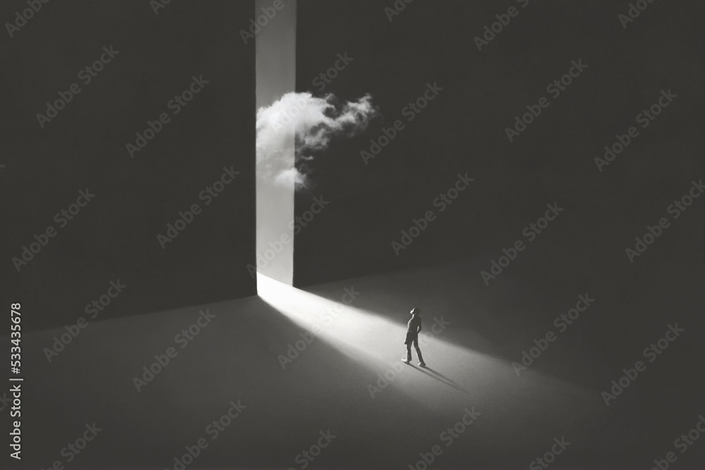 Illustration of man walking out of the darkness toward the light, surreal abstract concept Stock ...
